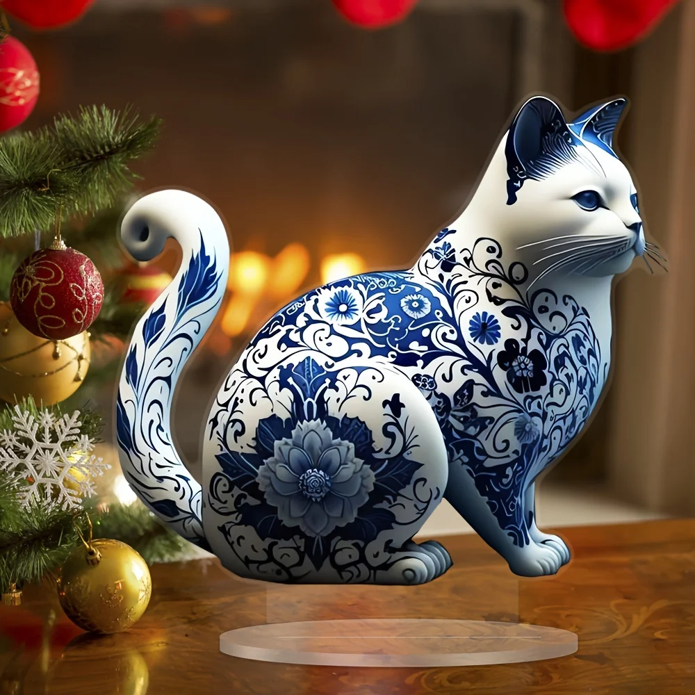 Fashionable Blue White Porcelain Cat Ornament With Acrylic Bracket ...
