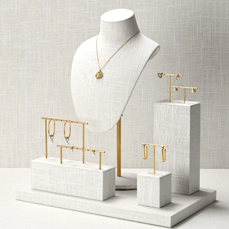 Beige-Linen-Metal-Jewelry-Display-Stand-Earrings-Necklace-Statue-Neck ...