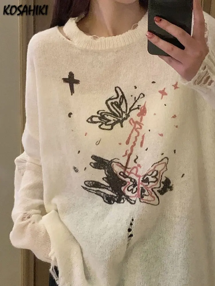 KOSAHIKI-Y2k-Aesthetic-Pullover-Harajuku-Gothic-Knitted-Sweater-Grunge ...