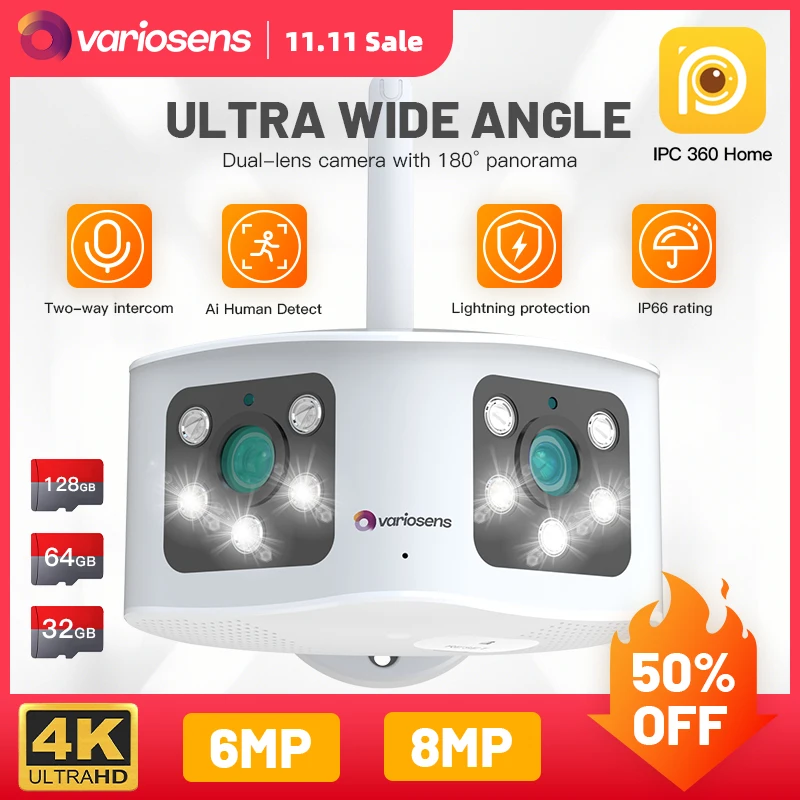 4k Dual Lens Outdoor Home Wifi Security Camera 5mp/6mp Ultra Wide Angle ...