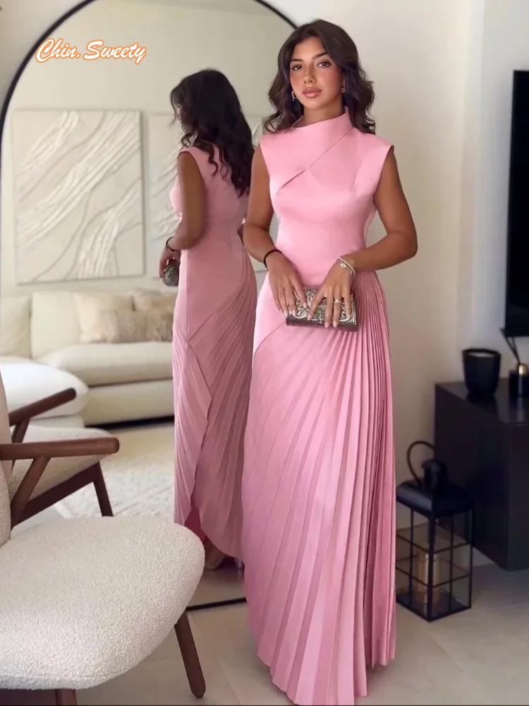 Elegant-Sleeveless-Round-Neck-Pleated-Long-Dresses-Fashion-High-Waisted-Solid-Women-Dress-2024 ...