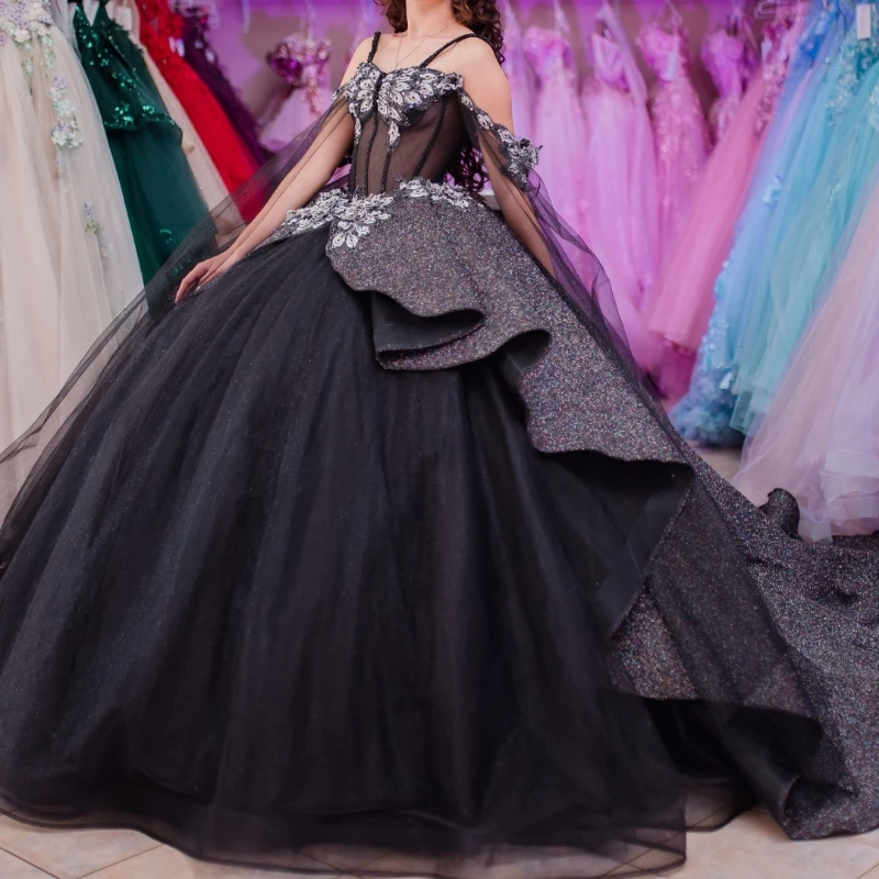 Black-Shiny-Quinceanera-Dress-Ball-Gown-Off-The-Shoulder-Corset-Pageant ...