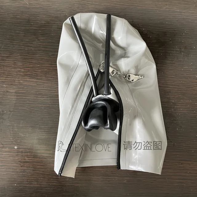 Latex Hood Mask Fetish with Inner Teeth Gag and 15cm Long Nose Tube ...
