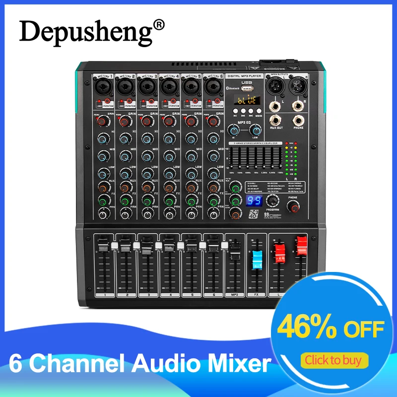 6 Channel Sound Mixer Depusheng PA6 Audio Mixing Console Bluetooth USB Record Computer 48V ...