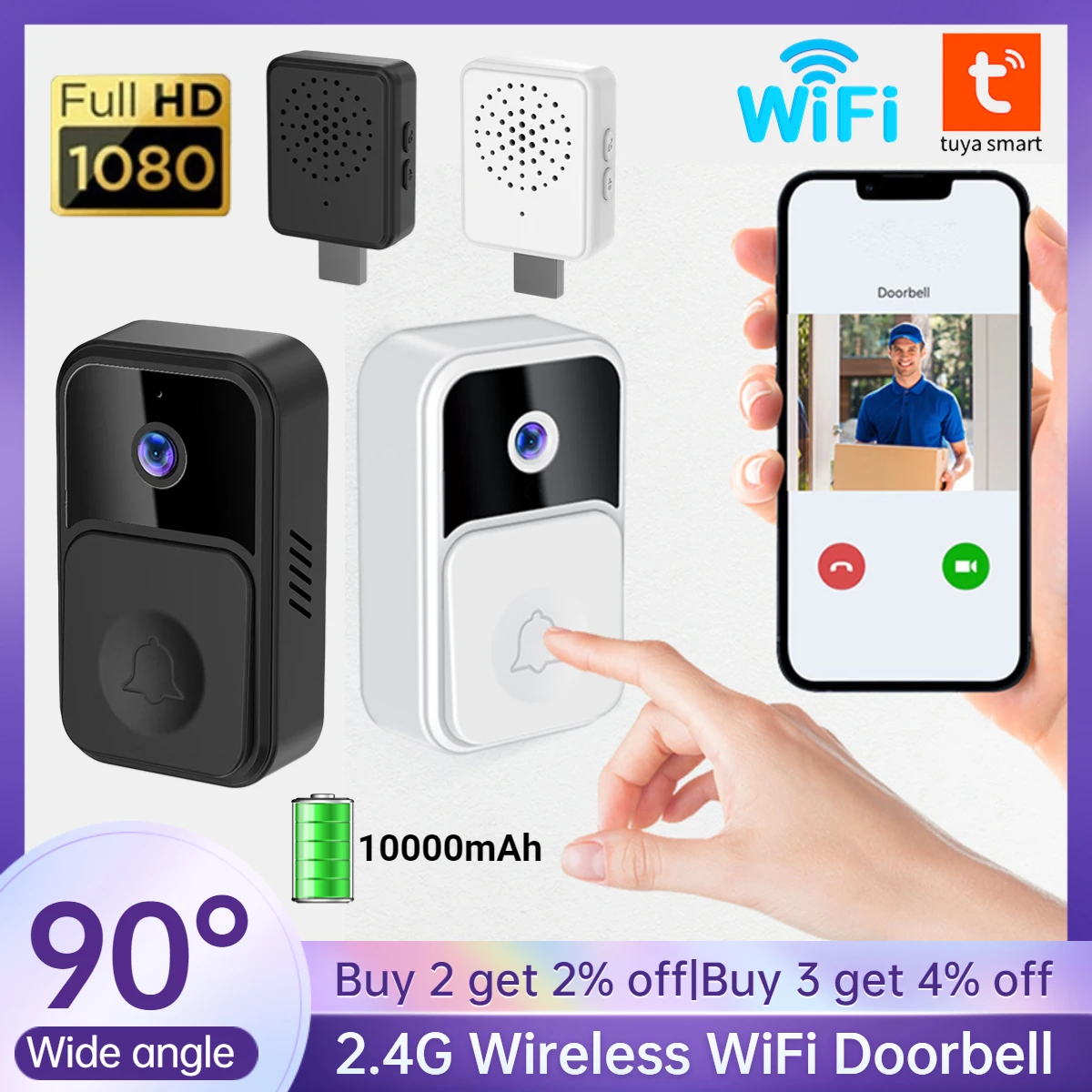 1080P UHD Tuya Doorbell 2.4G Wireless Video Doorbell with Night Vision ...