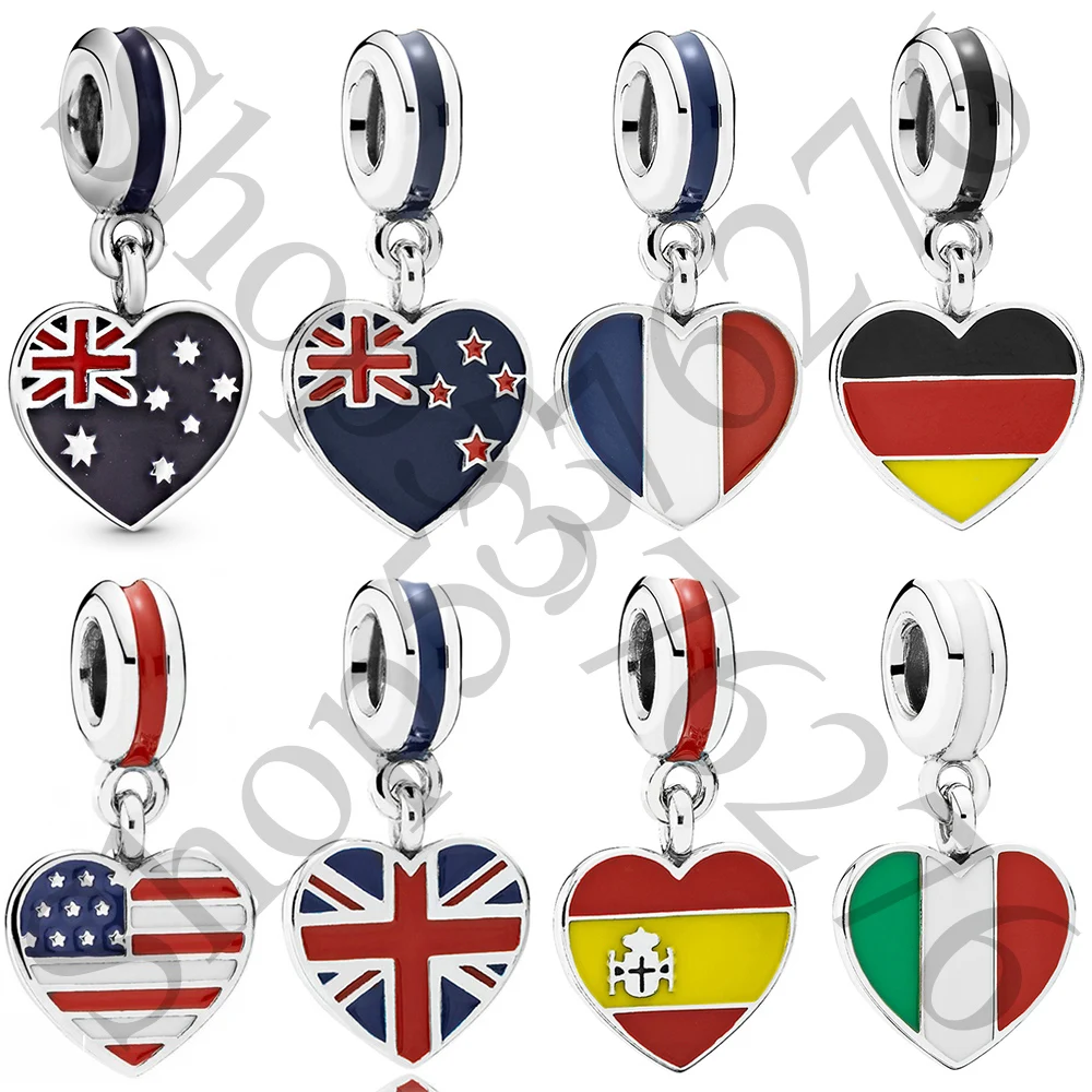 925-Sterling-Silver-Bead-United-States-Australia-Italy-Spain-Heart-Flag ...