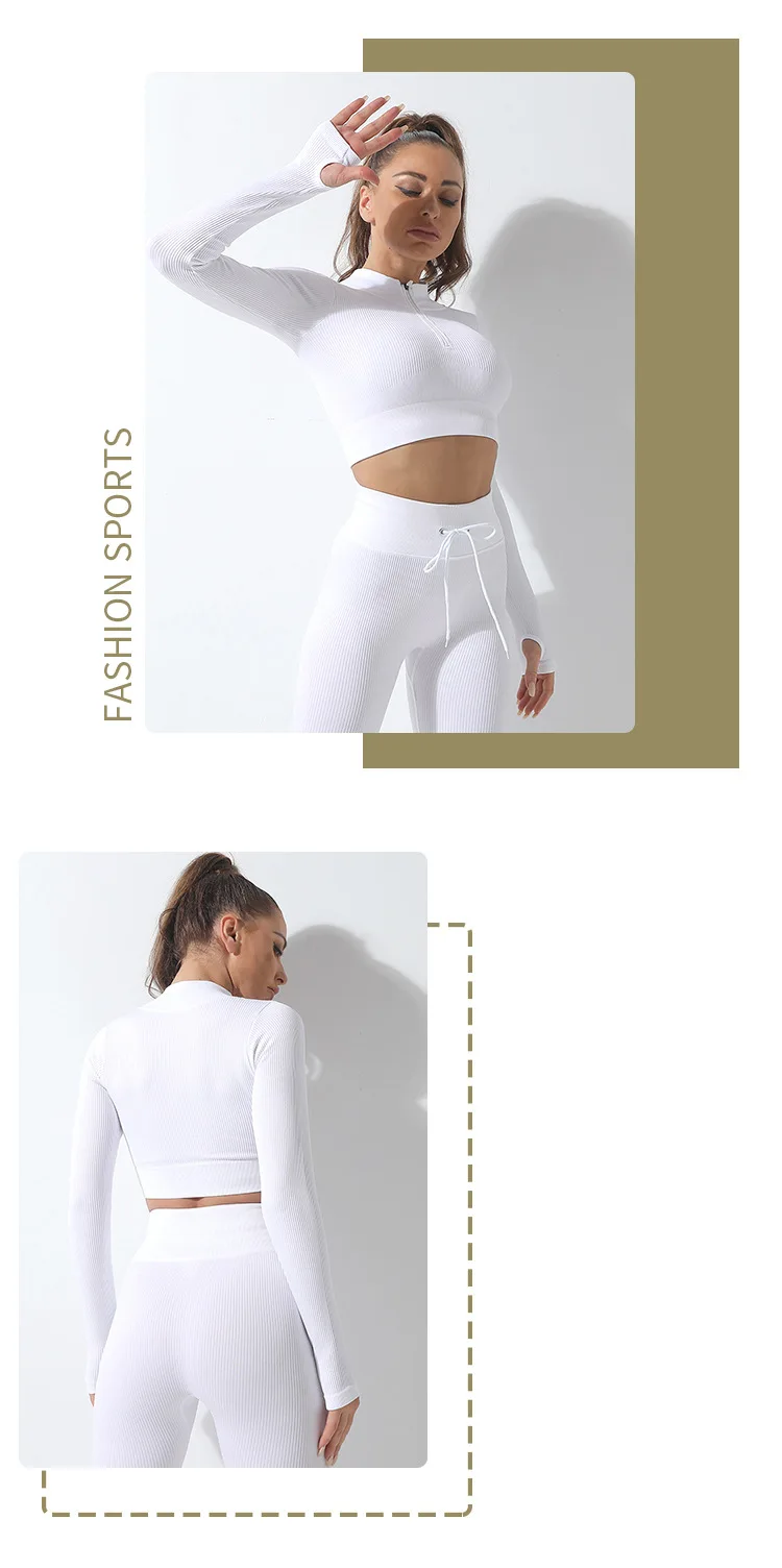 Women Yoga Set Seamless 2pcs Two Piece Crop Top Long Sleeve Leggings Workout Outfit Wear Fitness ...