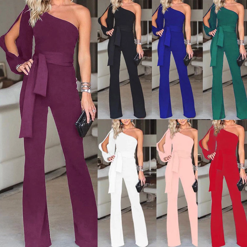 Wide Leg Jumpsuit One Shoulder | Long Party Jumpsuits Women | Wide Leg ...