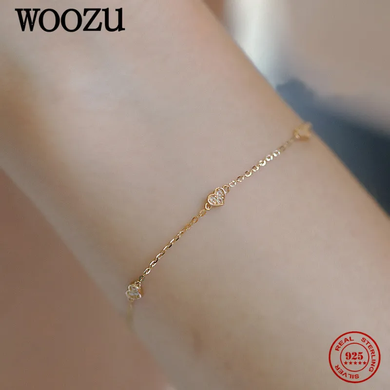 WOOZU 925 Sterling Silver Romantic Love Heart Chain Adjustable Charm Bracelet Women Simple 14k ...