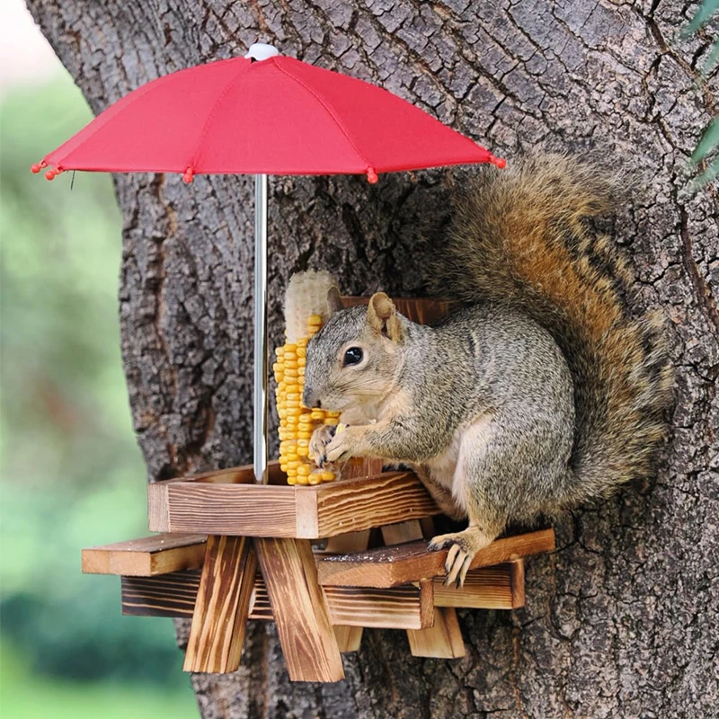 Wooden Squirrel Hut with Red Umbrella: The Ultimate Feeding Station for ...