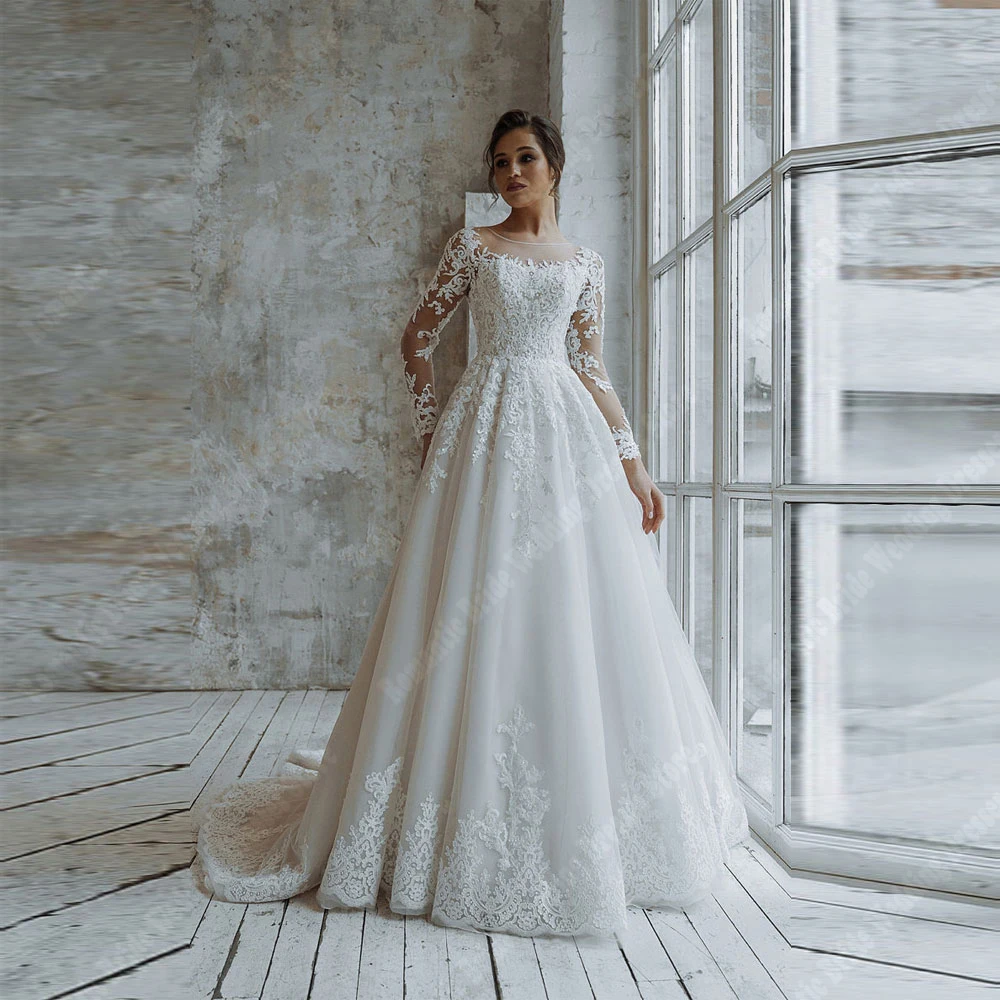 Elegant-White-Women-Wedding-Dresses-Dreamy-Lace-Long-Sleeves-Tulle ...