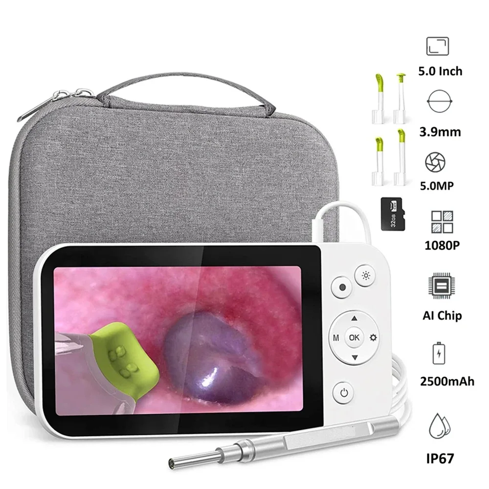 3.9mm Otoscope Camera with 5" IPS Screen 1080P HD Digital Otoscope with ...