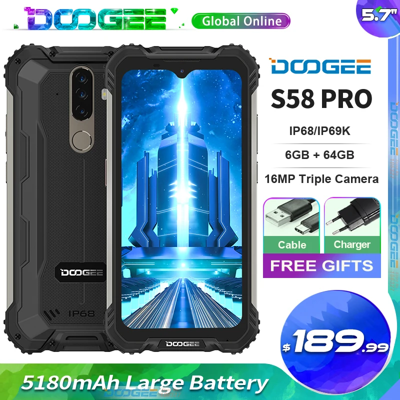 DOOGEE S58 Pro Mobile Phone 5.71"FHD+Display 6GB+64GB Android 10 NFC Smartphone 5180mAh IP68 ...