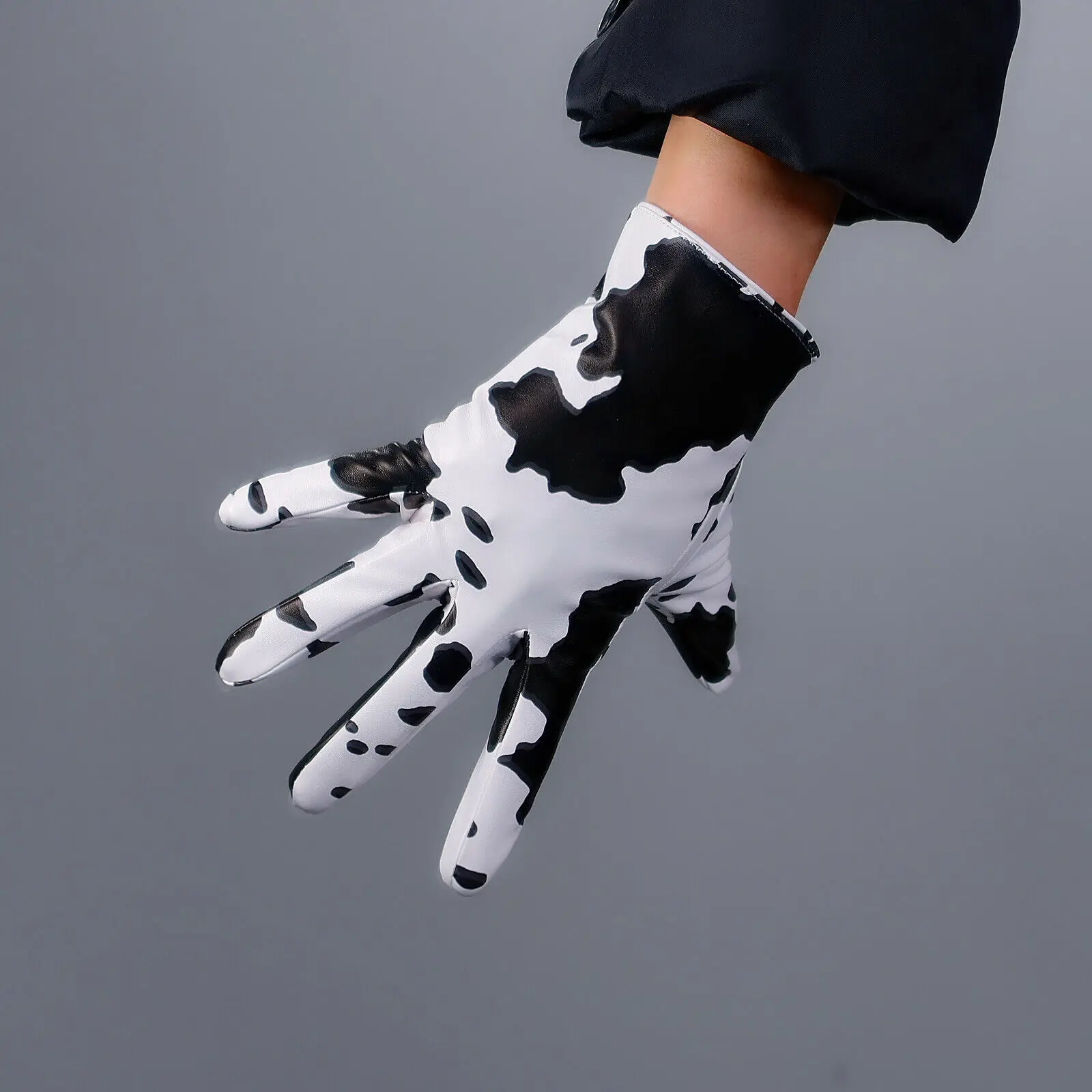 COW-PRINT-GLOVES-Faux-Leather-PU-8-21cm-Short-Animal-Print-Black-White ...