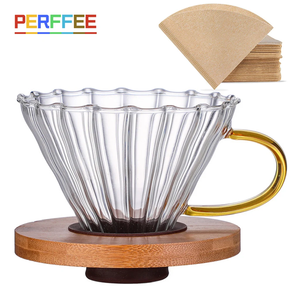 V60 커피 찌꺼기 핸드 드립 재사용 가능한 커피 필터 나무 홀더 포함 양조 컵 유리 깔때기 V01 V02 1 4cups커피 필터 Aliexpress