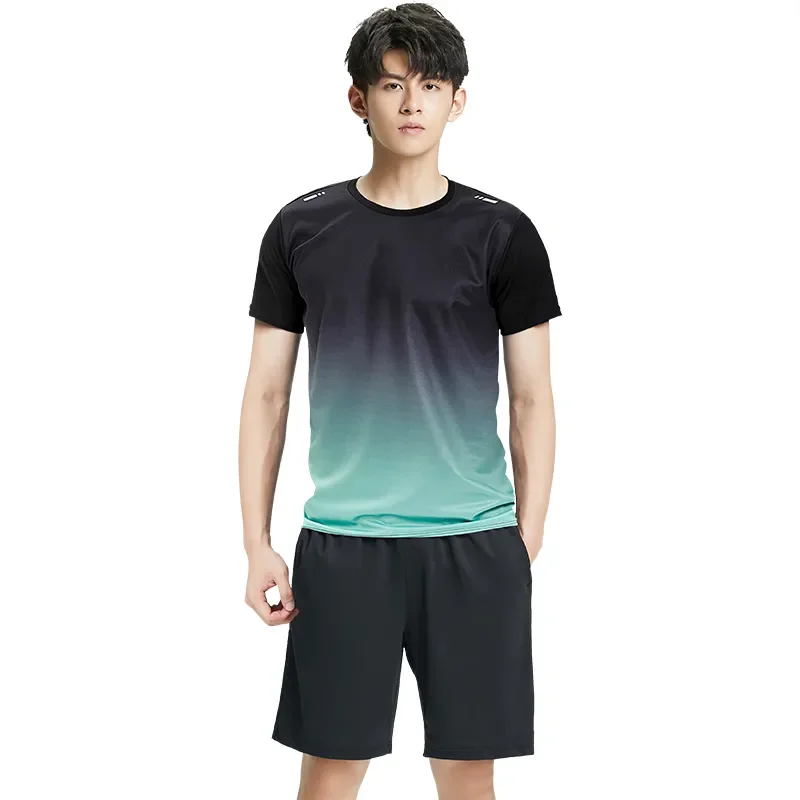 Men's Gradient Color Sports Tracksuit Short Sleeve T-Shirt and Shorts ...