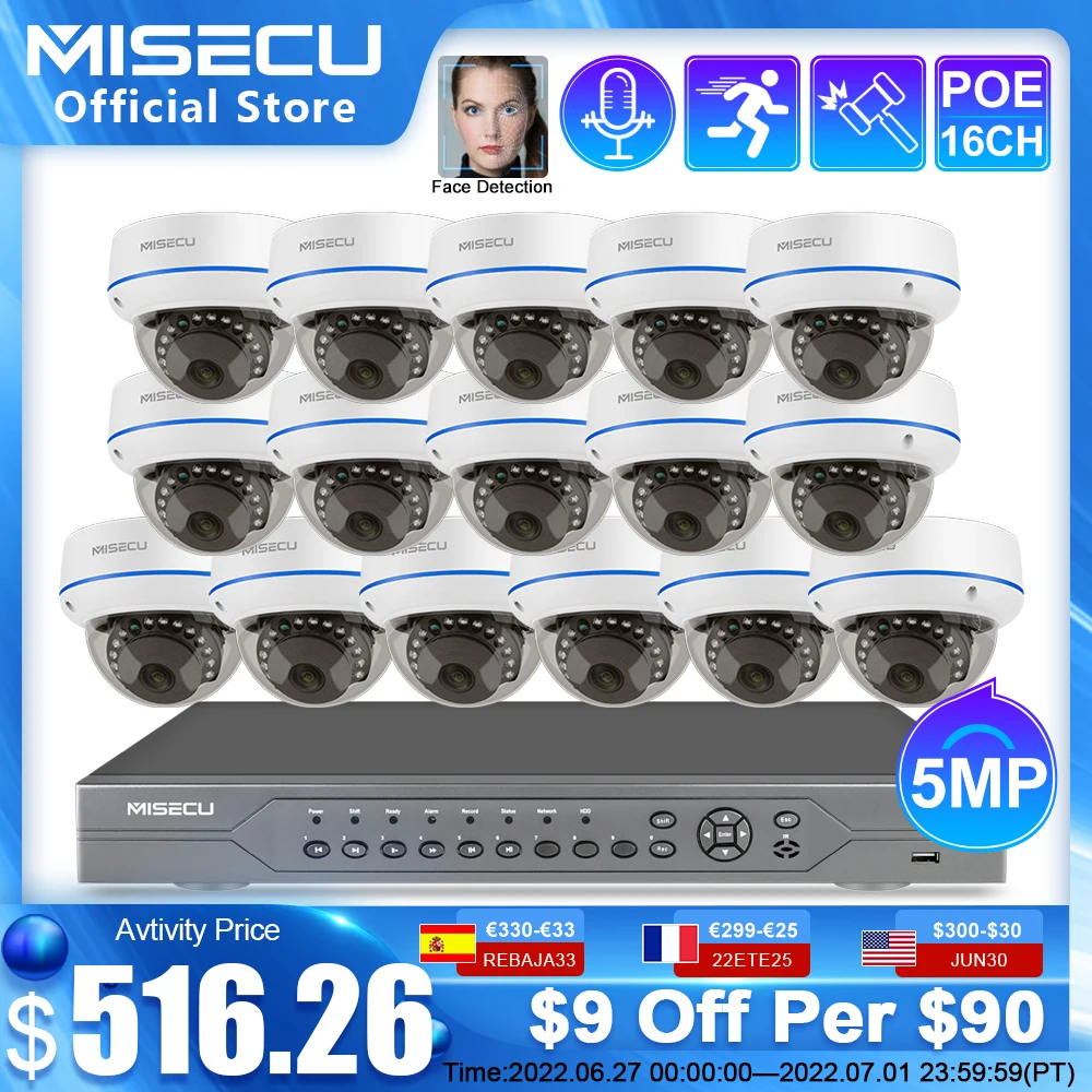 MISECU H.265 16CH 5MP POE NVR Kit AI Camera Face Detect Audio Dome ...