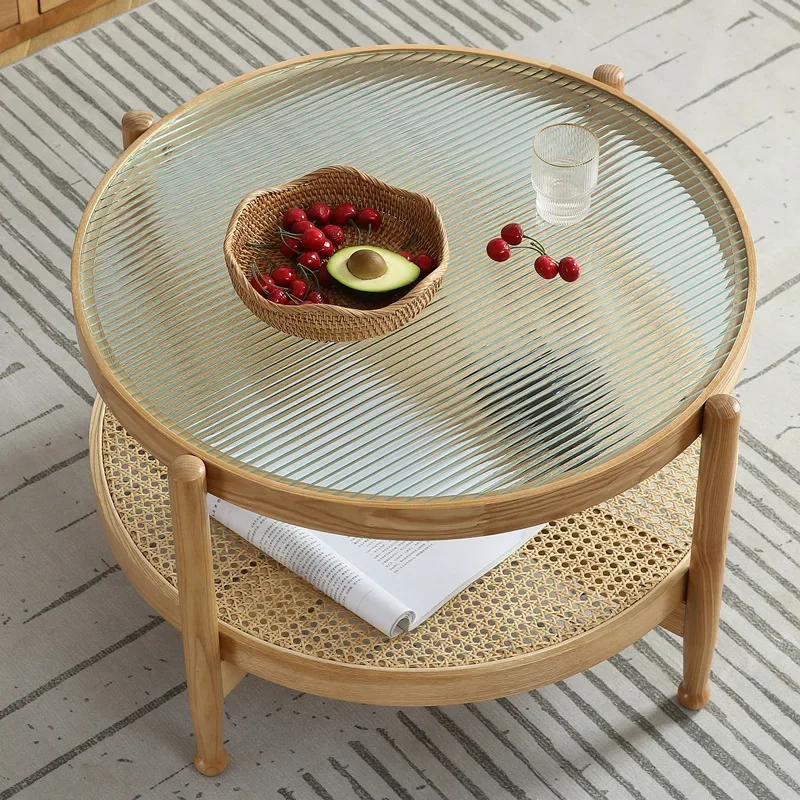 Solid-Wood-Coffee-Tables-Rattan-Weaving-Center-Table-with-Glass-Desktop ...