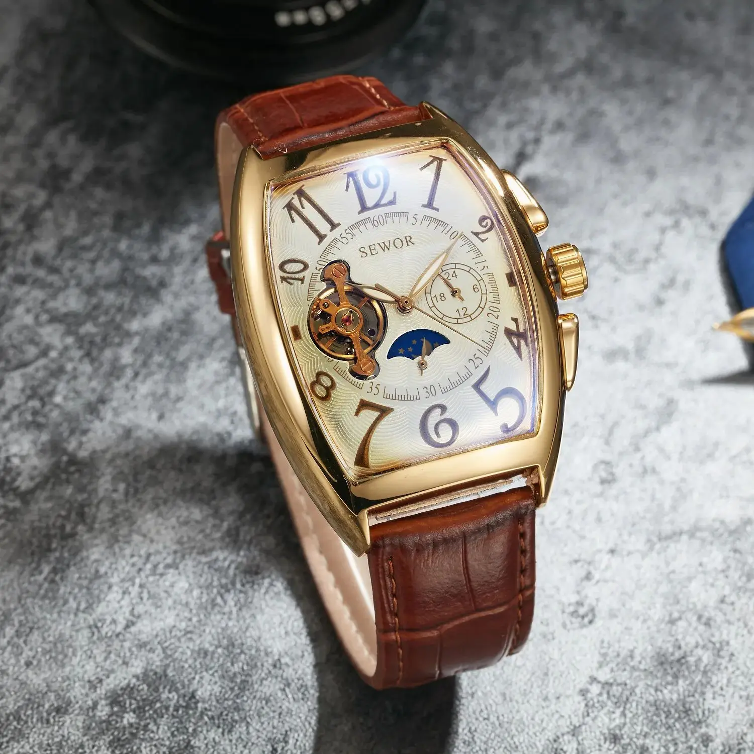 Fashion Men's Watch Wine Barrel Shaped Luminous Tourbillon Fully ...