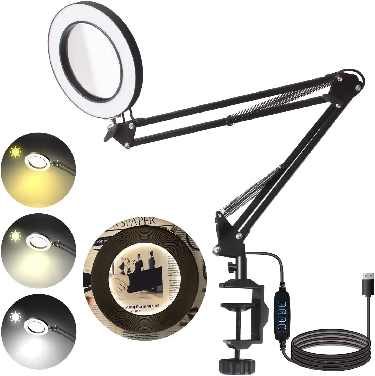 Flexible Clamp-on Table Lamp with 5X Magnifier Glass Swing Arm Dimmable ...