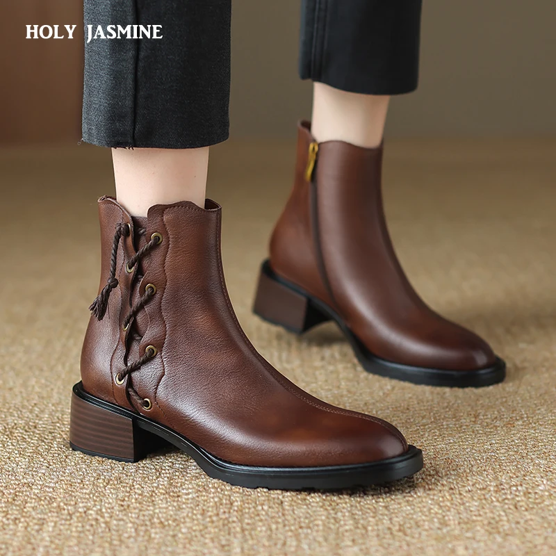 Botas de cuero con punta redonda para mujer, Botines de tacón grueso ...