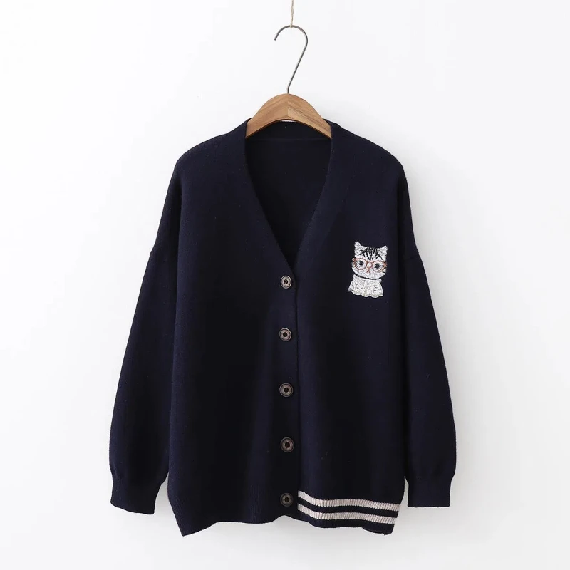 Japanese Forest Girl Fresh and Sweet Student Cute Cat V-neck Cardigan ...