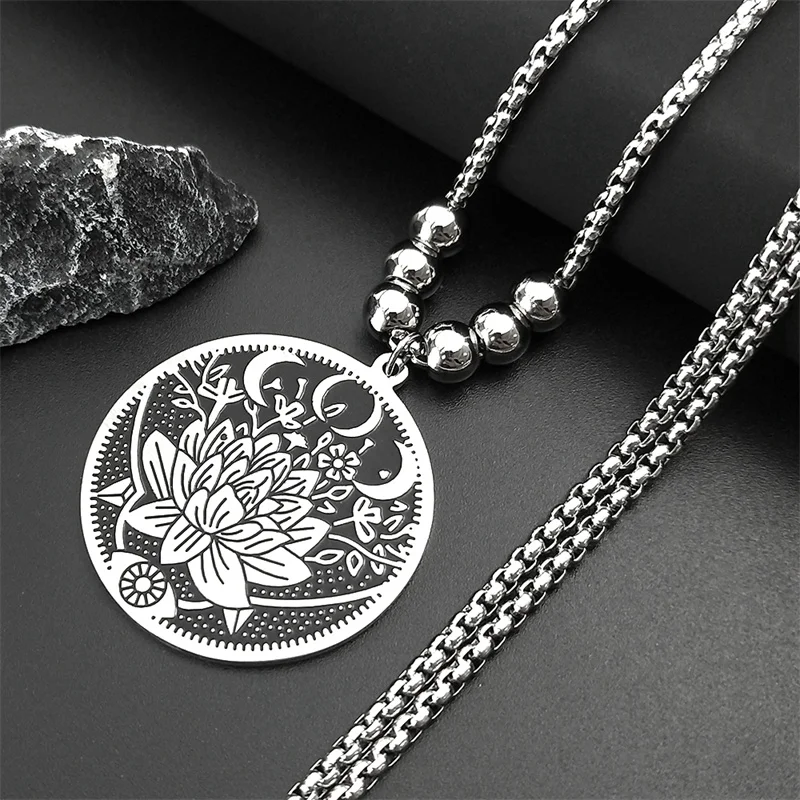 Wicca Lotus Stainless Steel Necklaces Pendants for Men Black Silver ...