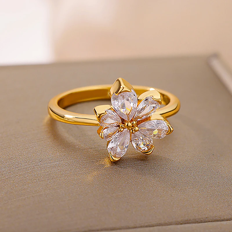 Anillos de flores de circón de lujo para mujer, acero inoxidable ...