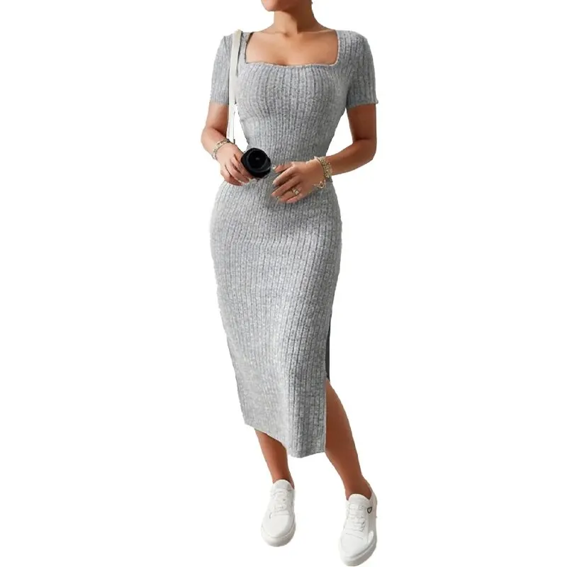 Summer-Square-Neck-Hip-Hugging-Mid-Length-Skirt-Short-Sleeved-Versatile ...