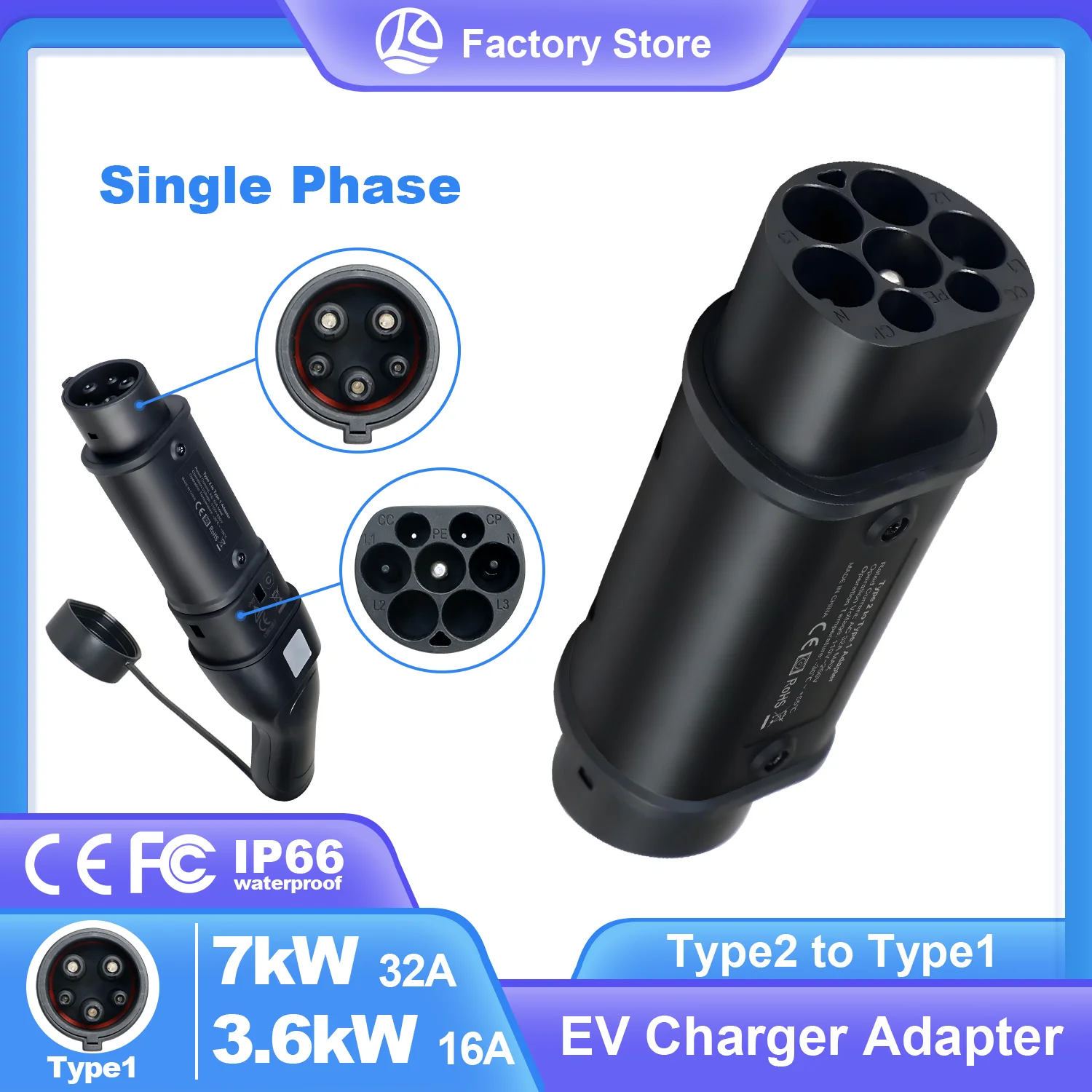 Kolanky Type 2 To Type 1 EV Charging Adaptor 32A 7.2KW IEC 62169 Female ...