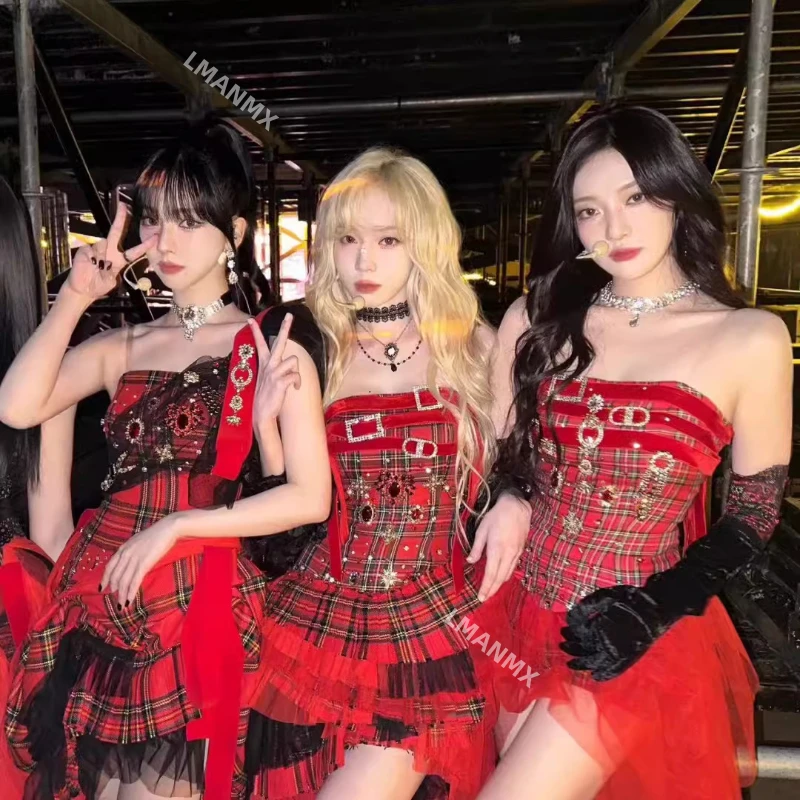 Kpop Korean Singer Concert Dance Sexy Red Plaid Mesh Sleeveless Shaggy ...