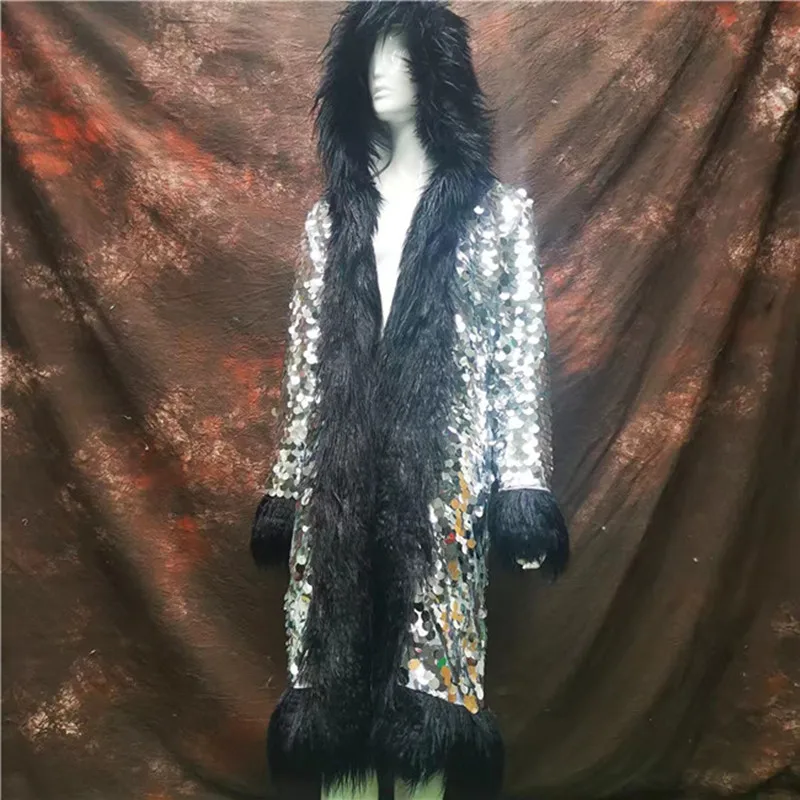 Sliver-Sequins-Fur-Hooded-Long-Cloak-Coat-Splicing-Bar-Show-Stage ...