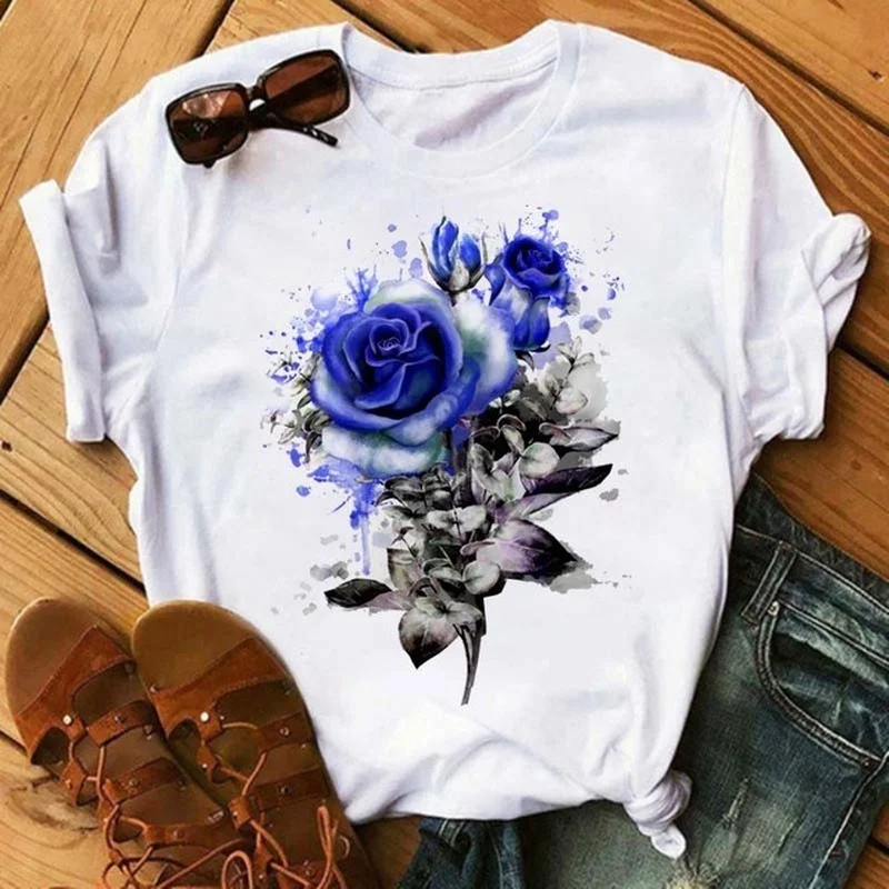 Blue-Flower-Print-Women-T-Shirt-Short-Sleeve-O-Neck-Loose-Women-Tshirt ...