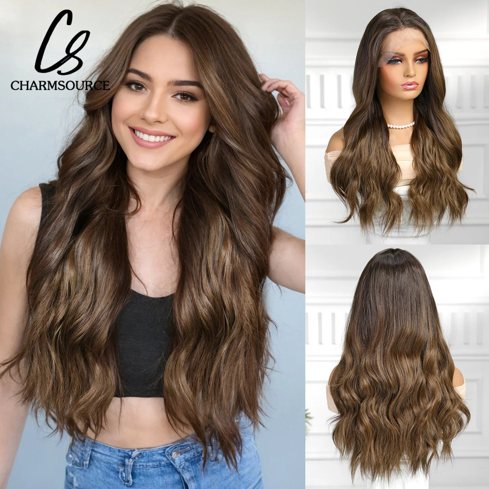 CharmSource 13x6 Lace Wigs Brown Synthetic Long Wavy Curly Wigs for ...