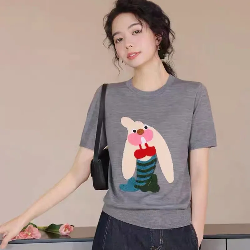 Jersey-de-manga-corta-de-lana-pura-para-mujer-Jersey-ajustado-de-cuello ...