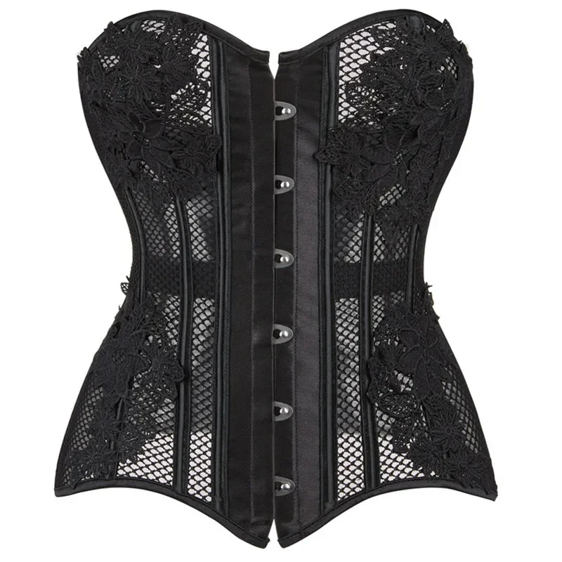 Women Sexy Mesh Hollow Out Corset Floral Lace Up Boned Bustier Overbust ...