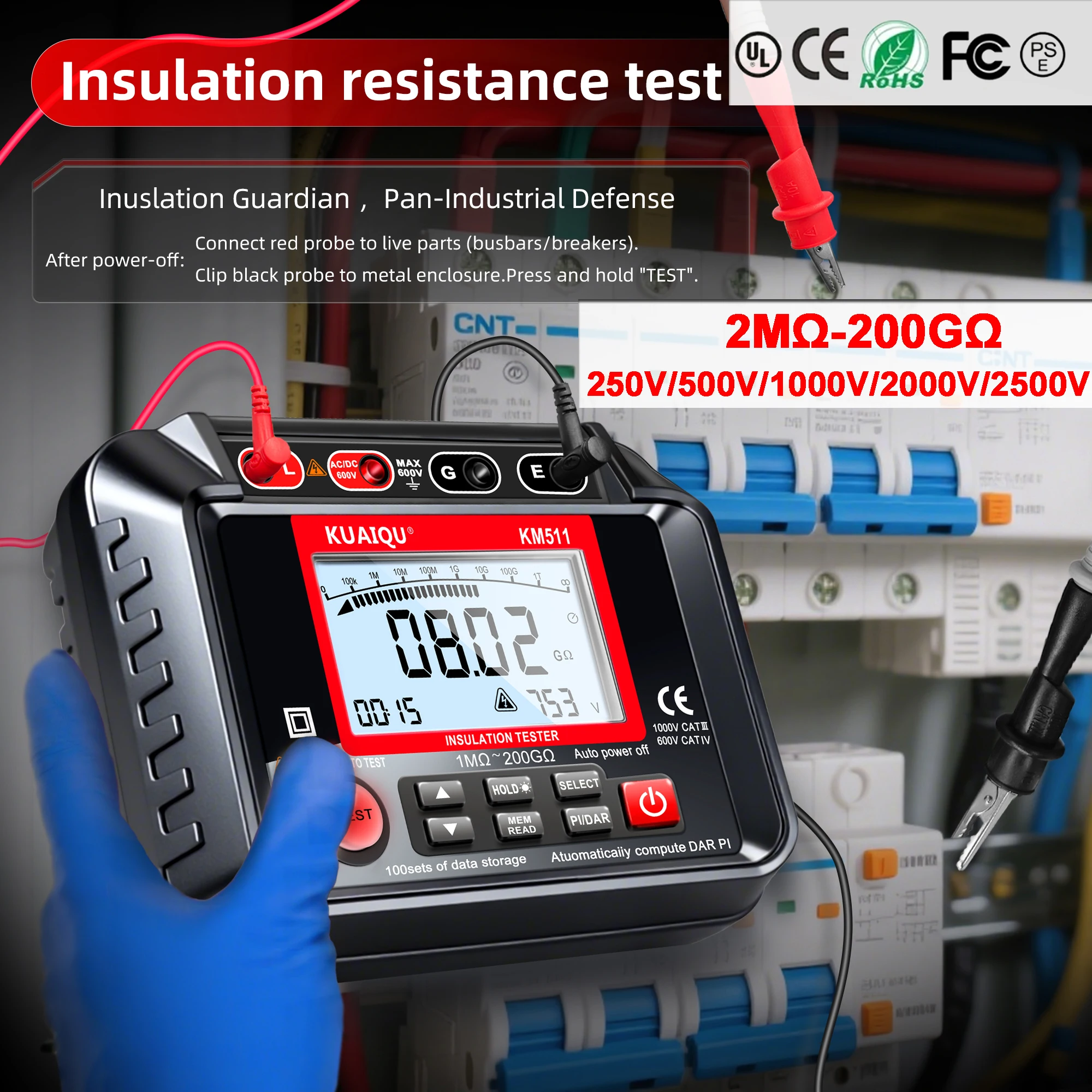 KUAIQU 1000V/2500V Digital Megohmmeter 1MΩ~200GΩ Insulation Earth ...