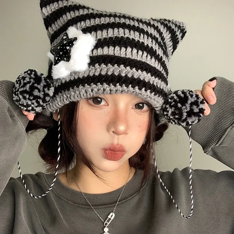 Y2K Cute Star Devil Knitted Beanie Hat Ins Skullies Striped Knitting ...