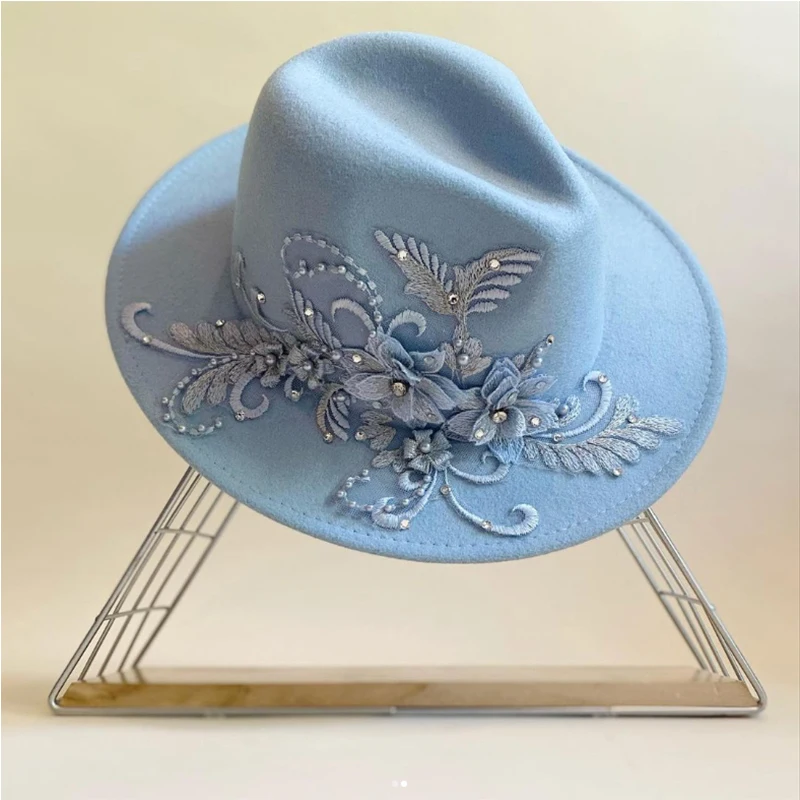 Embroidered three-dimensional flower fedora hat Women's jazz top hat ...