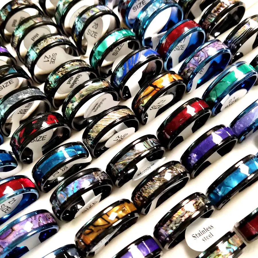 20pcs/lot Black Blue Quality Stainless Steel Bright Shell Band Ring Men ...