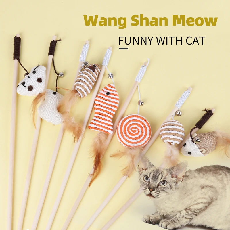 Cat Teaser Wand Toy Feather Butterfly Mouse Cat Fishing Rod Toys Wooden ...