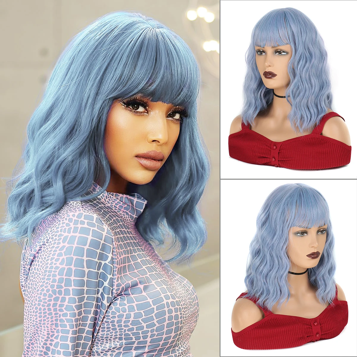 Peluca-azul-Bob-corta-ondulada-con-flequillo-para-mujer-peluca-rizada ...