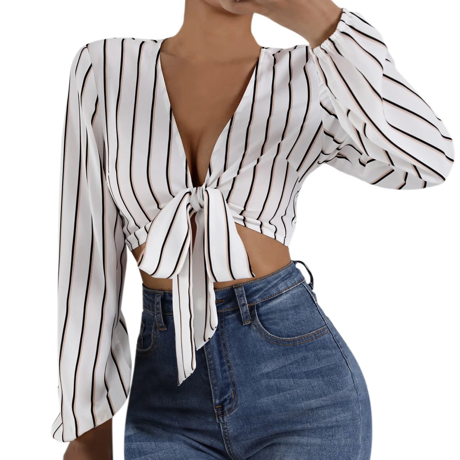 Women Sexy V neck Puff Sleeve Cardigan Midriff Blouses Summer Bandage ...