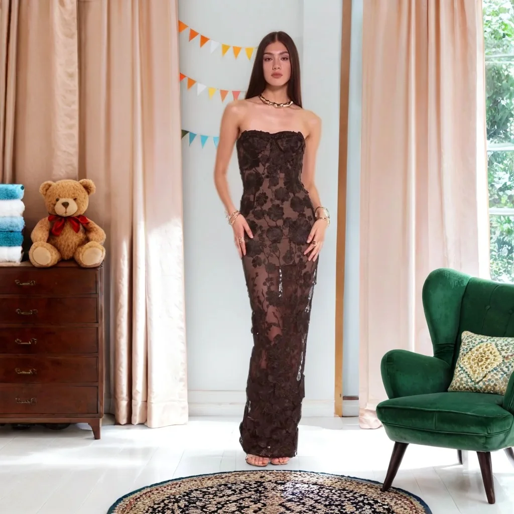 Elegant Party dresses Women Strapless Floral Lace Long Dress Sheer ...