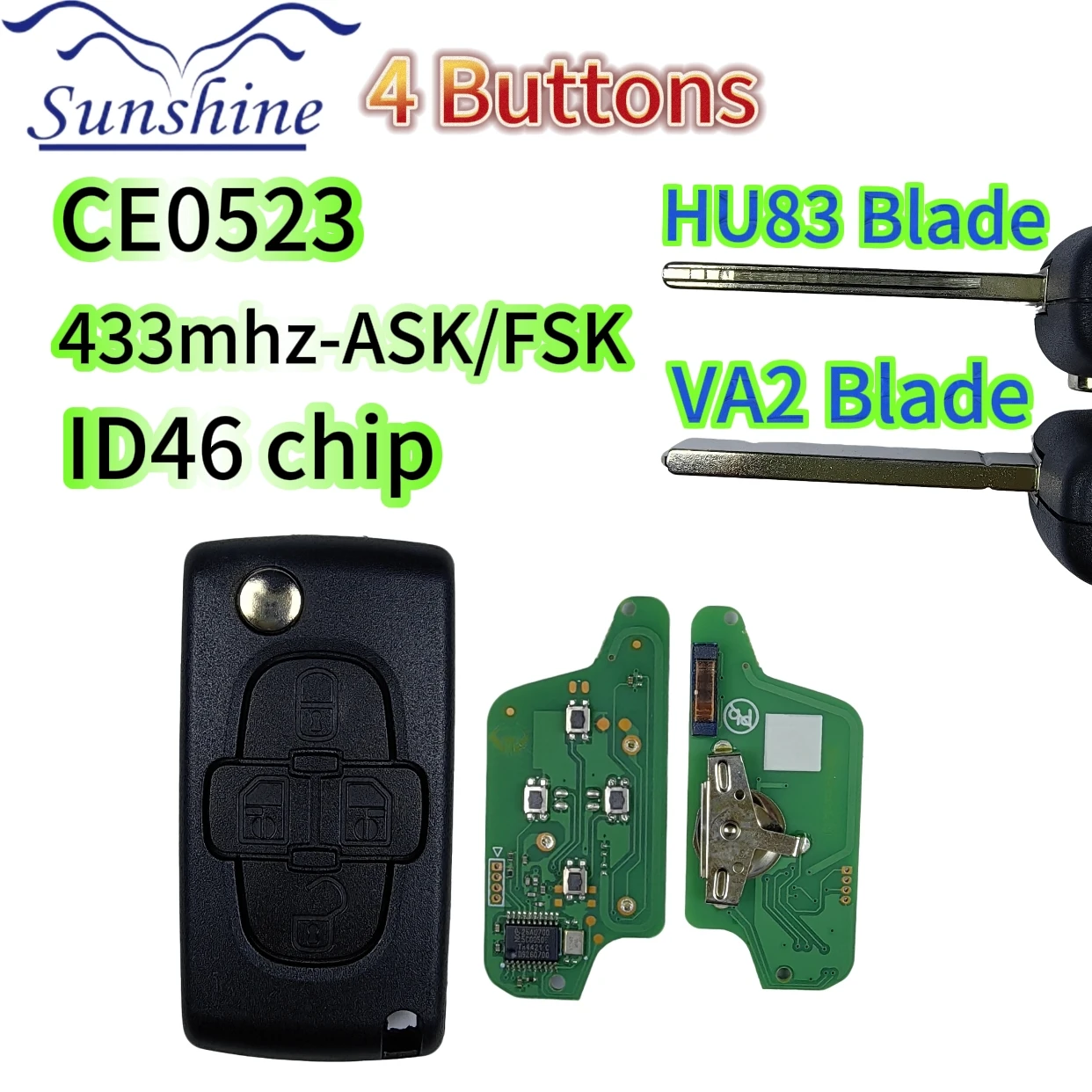 Sunshine 2 pieces Fob Control CE0523 ASK/FSK 433Mhz 4 Buttons For Flip ...