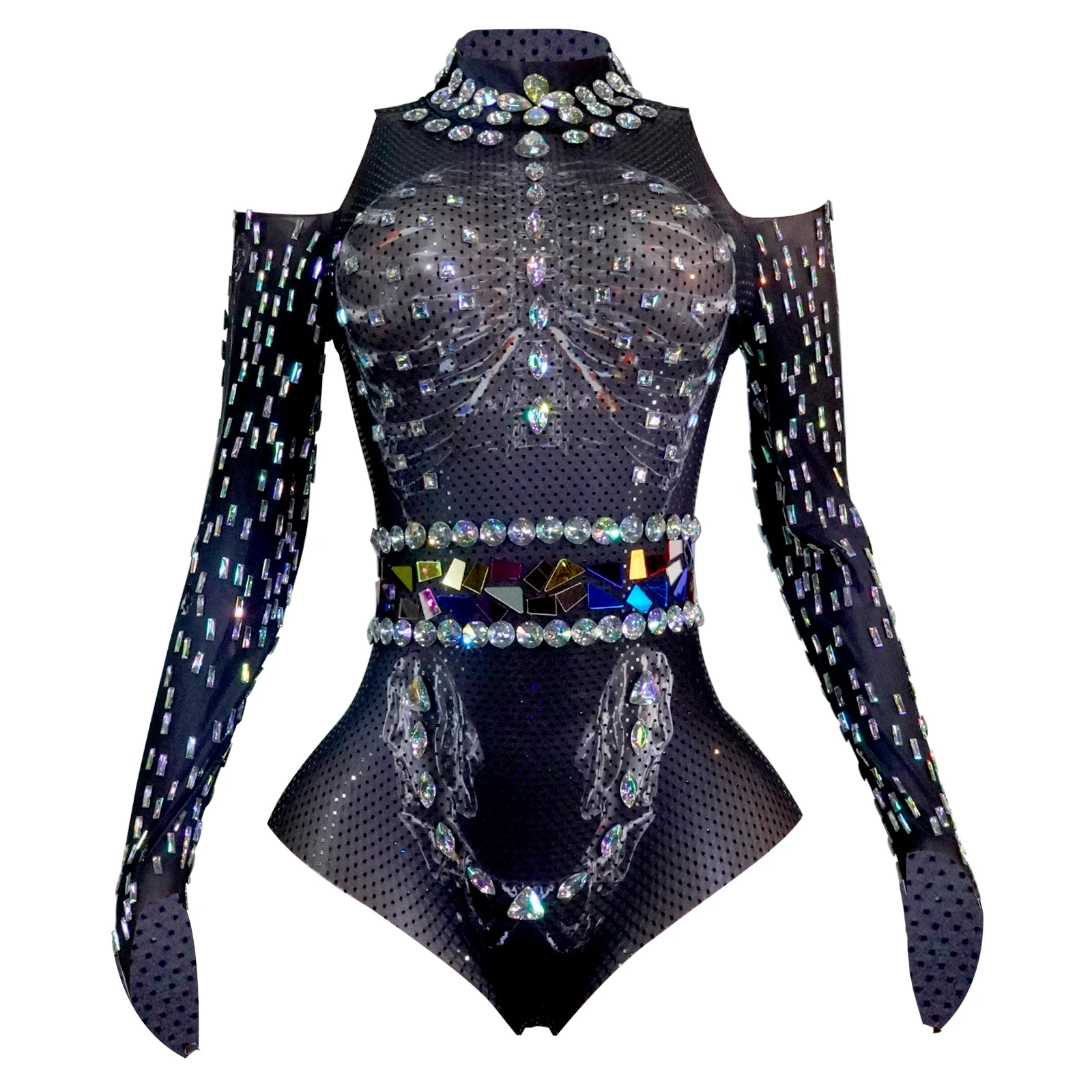 Drag Queen Costume Glitter Rhinestones Black Printed Skeleton Bodysuit ...