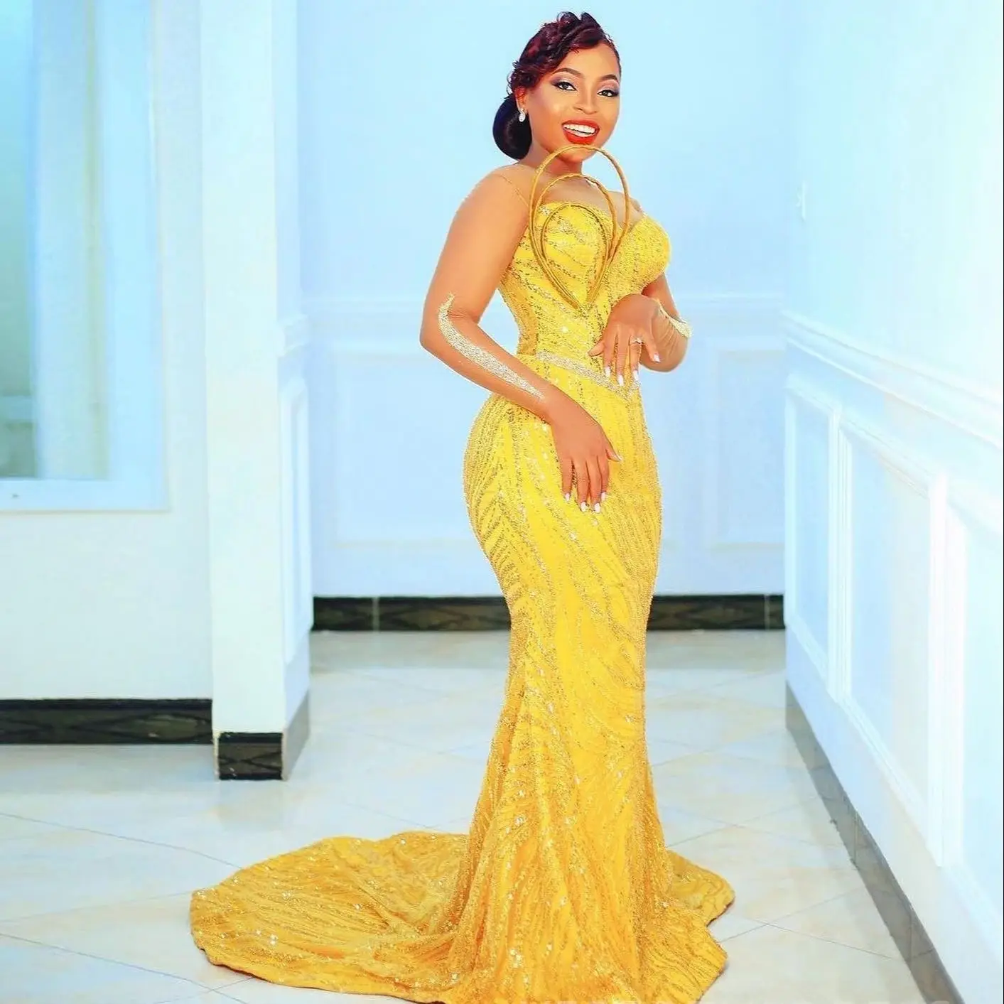 Bright Yellow Prom Dress Mermaid Beading Aso Ebi Long Sleeves Evening ...