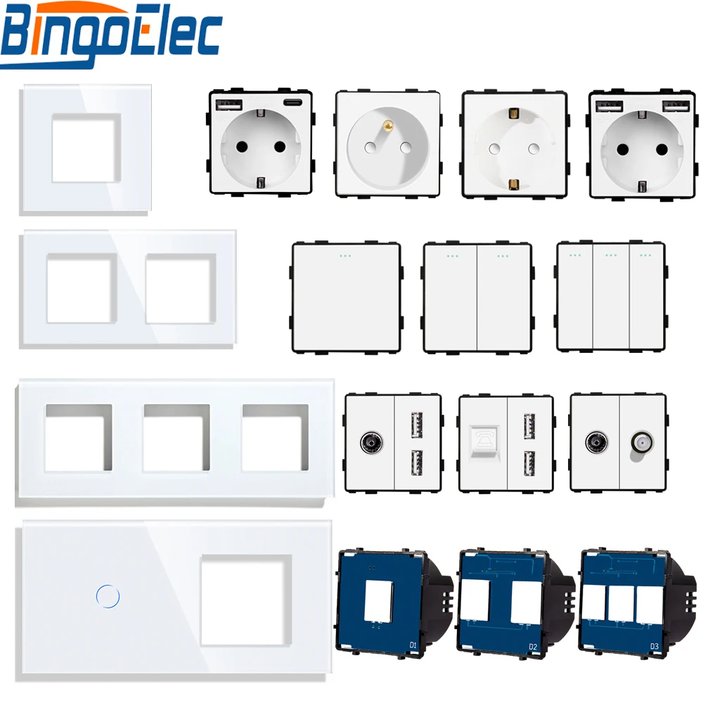 Bingoelec White Crystal Tempered Glass Panel Light Switch EU French ...