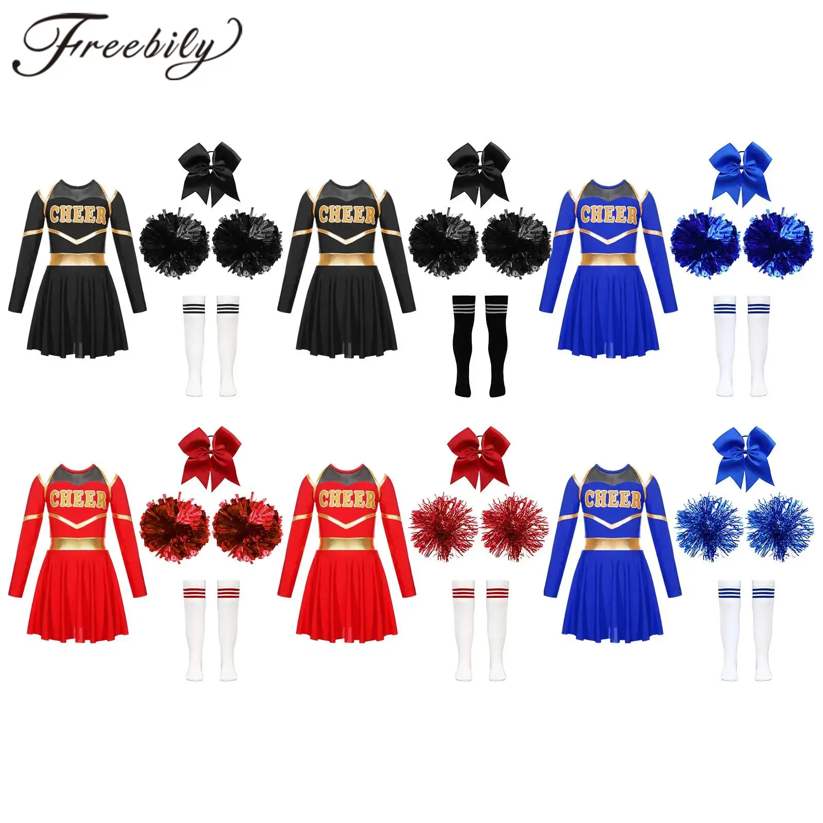 Kids-Girls-Cheerleading-Uniform-Dress-With-Flower-Balls-Sets-Children ...
