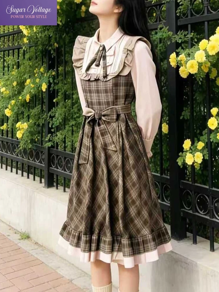 Vestido de Dos Piezas con Estampado a Cuadros y Lazo, Estilo Preppy ...